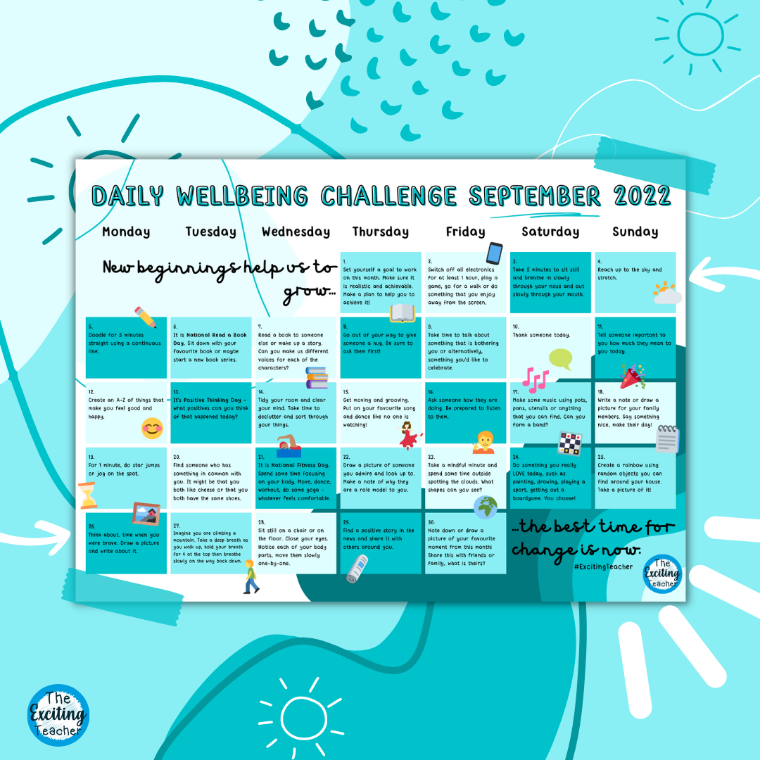 Daily Wellbeing Challenge September 2022 - Exciting Teacher
