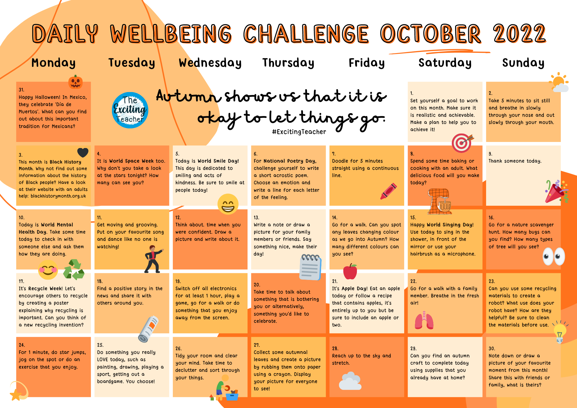 Daily Wellbeing Challenge October Calendar 2022
